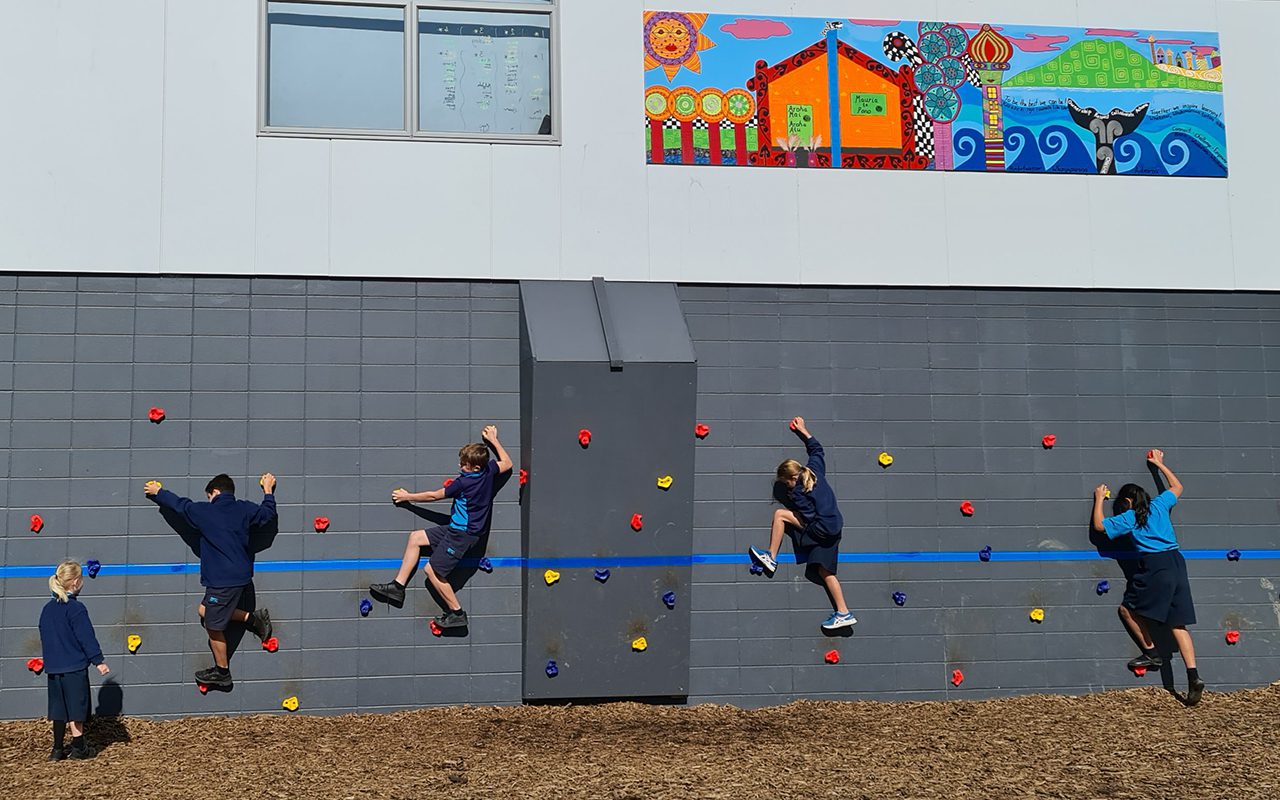 Students climbing the wall at Whangaparaoa - Local Matters